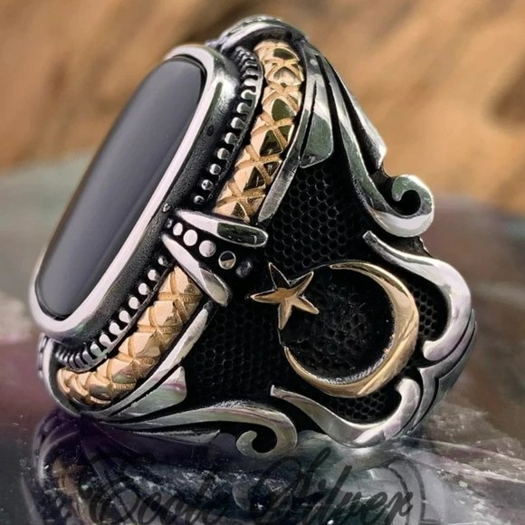 Accessories | Mens Black Onyx Two Tone Moon Star Open Turkish Ottoman ...